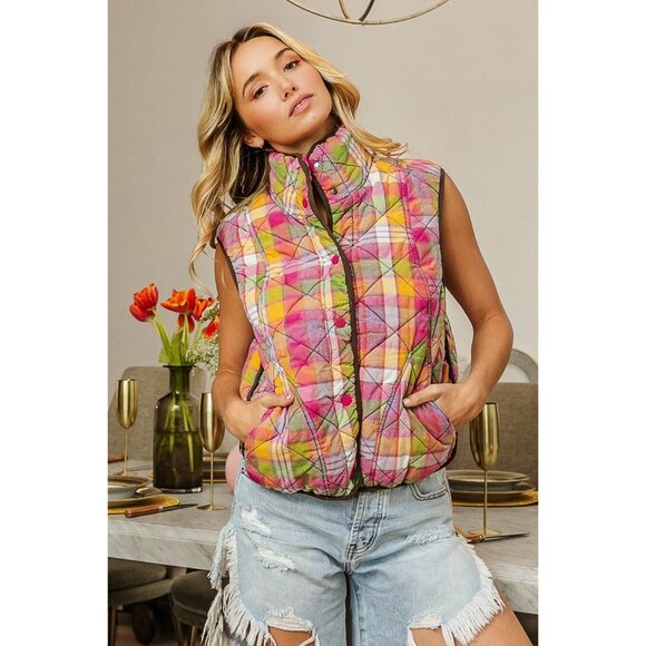 BiBi | Jackets & Coats | Bibi Quilted Washed Plaid Snap Down Vest ...